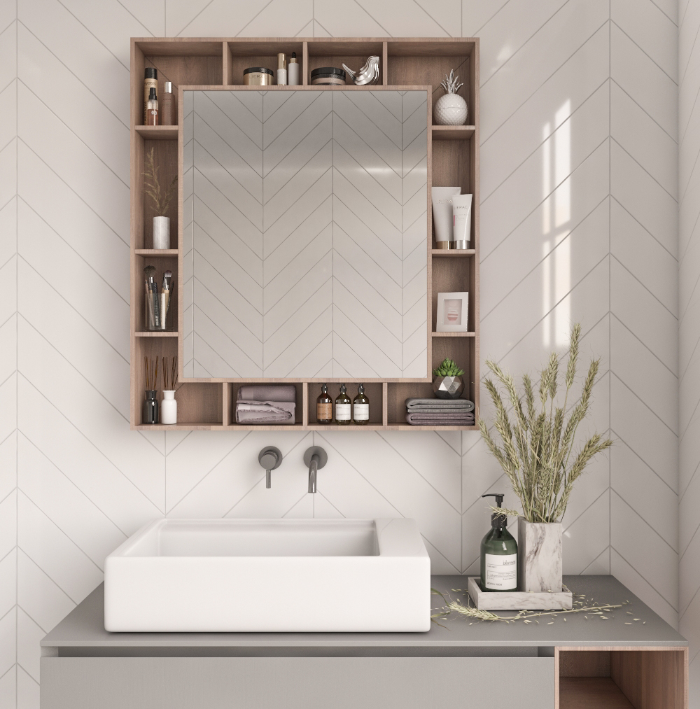 Gogcha Natural Wood Bathroom Mirror with Storage Shelves | Modern ...