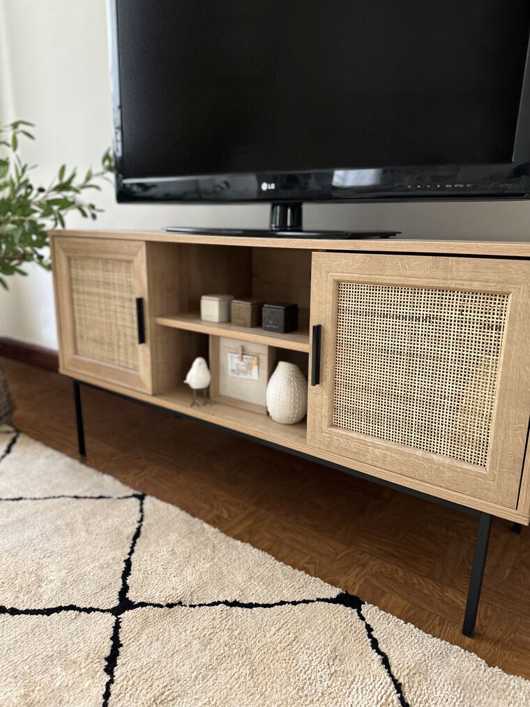 Boho Chic TV Stand: Natural Rattan Cabinet with Black Metal Legs" | revvvd